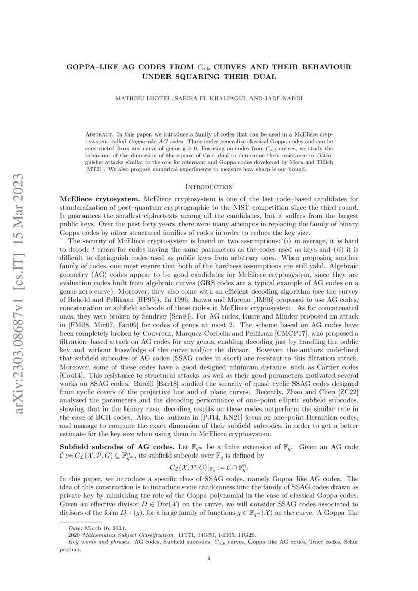 Goppa-like AG codes from C_a,b curves and their behaviour under squaring their dual | DeepAI