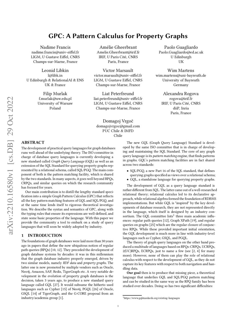 GPC: A Pattern Calculus for Property Graphs | DeepAI