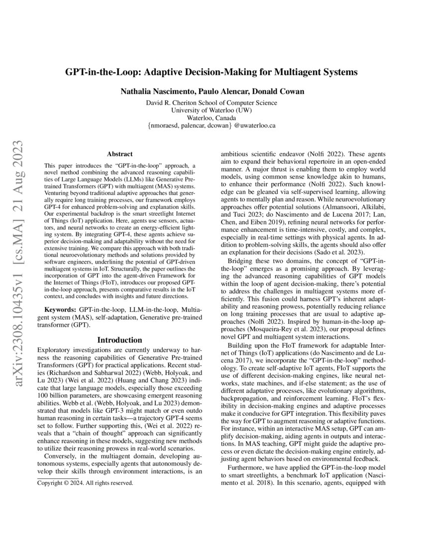 GPT-in-the-Loop: Adaptive Decision-Making for Multiagent Systems | DeepAI