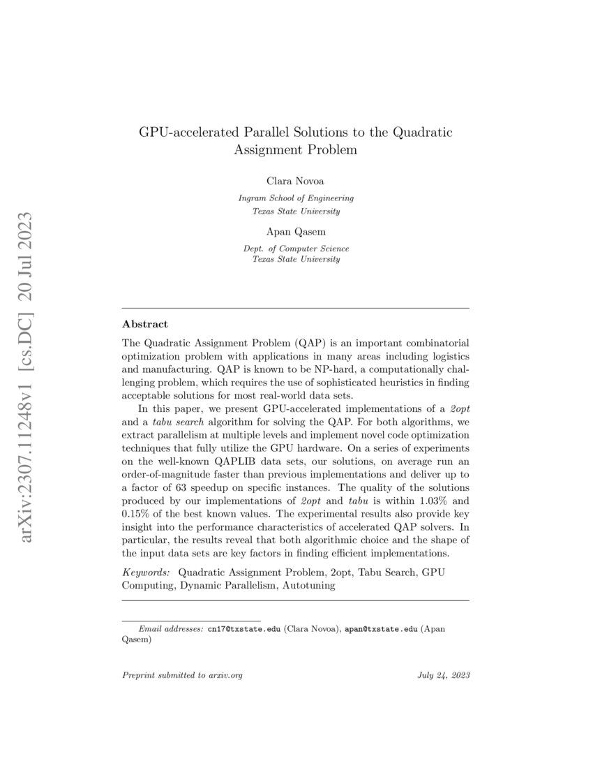 Gpu Accelerated Parallel Solutions To The Quadratic Assignment Problem Deepai 