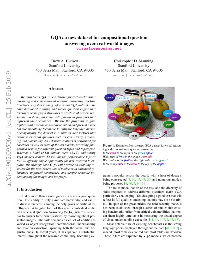 Gqa A New Dataset For Compositional Question Answering Over Real World Images Deepai