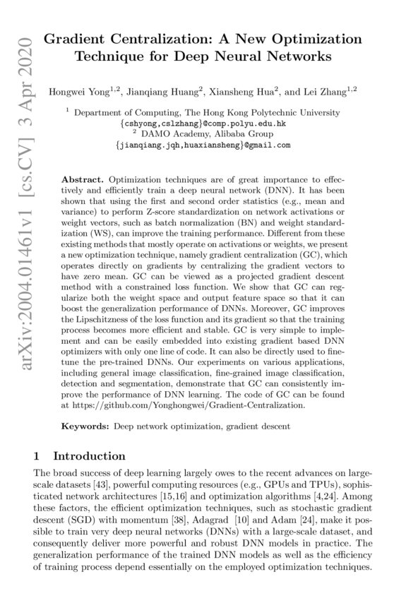 Gradient Centralization: A New Optimization Technique for Deep Neural ...