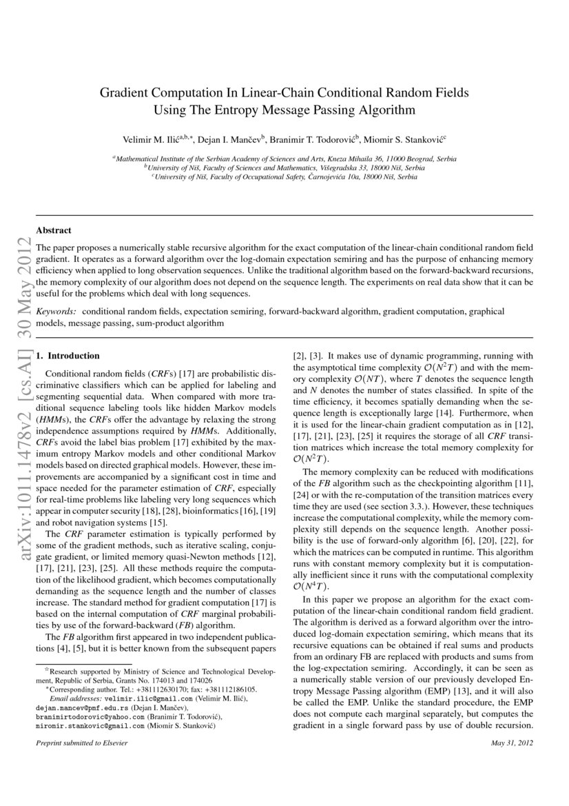 Gradient Computation In Linear Chain Conditional Random Fields Using
