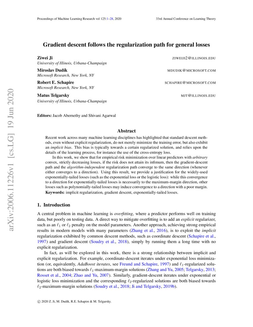 Gradient descent follows the regularization path for general losses ... Gradient descent follows the regularization path for general losses ...