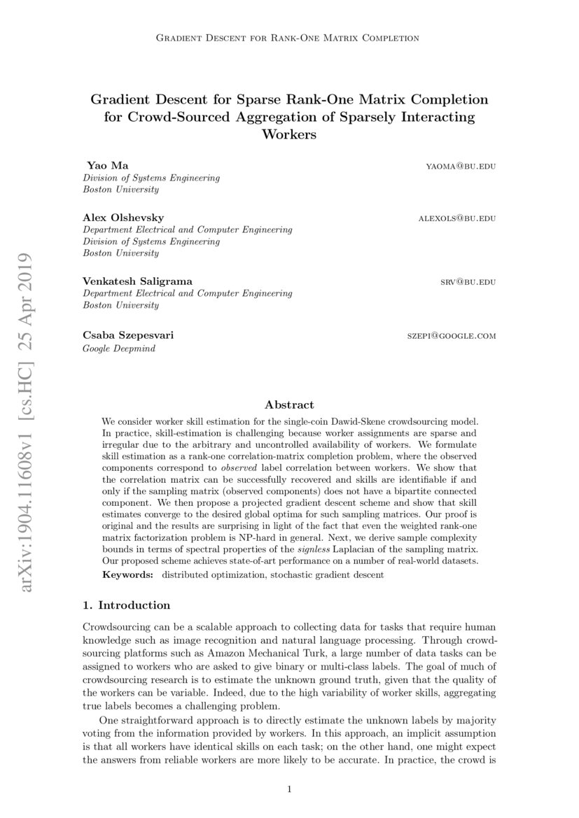 Gradient Descent for Sparse Rank-One Matrix Completion for Crowd-Sourced Aggregation of Sparsely ...