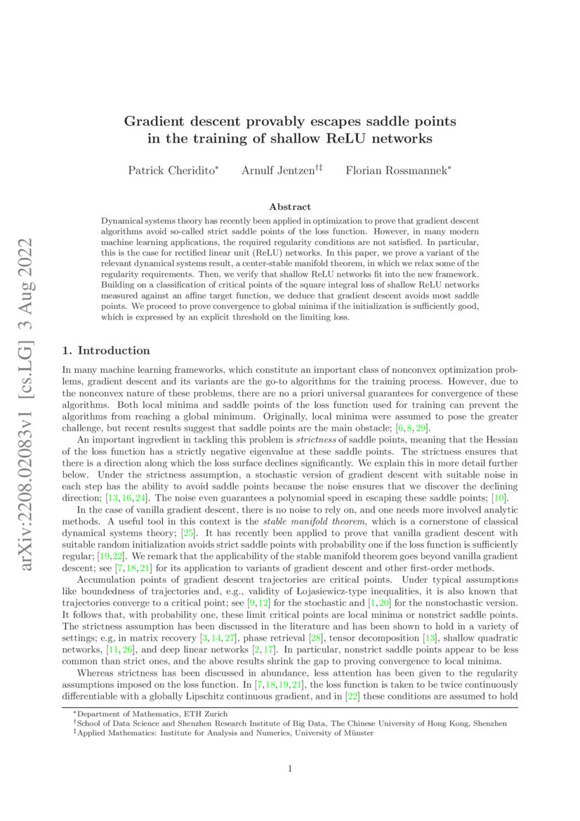 Gradient Descent Provably Escapes Saddle Points In The Training Of Shallow Relu Networks Deepai