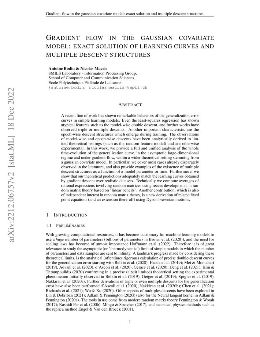 Gradient flow in the gaussian covariate model: exact solution of learning curves and multiple ...