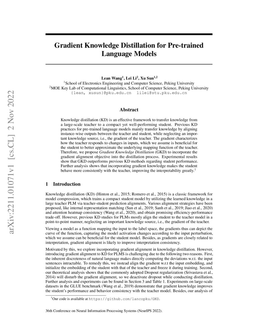 Gradient Knowledge Distillation For Pre Trained Language Models Deepai