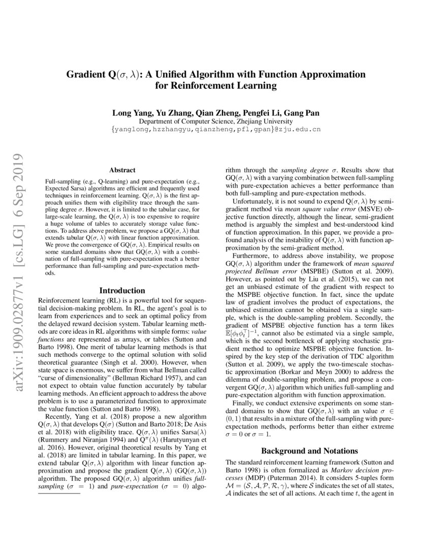 Gradient Q σ λ A Unified Algorithm With Function Approximation For Reinforcement Learning