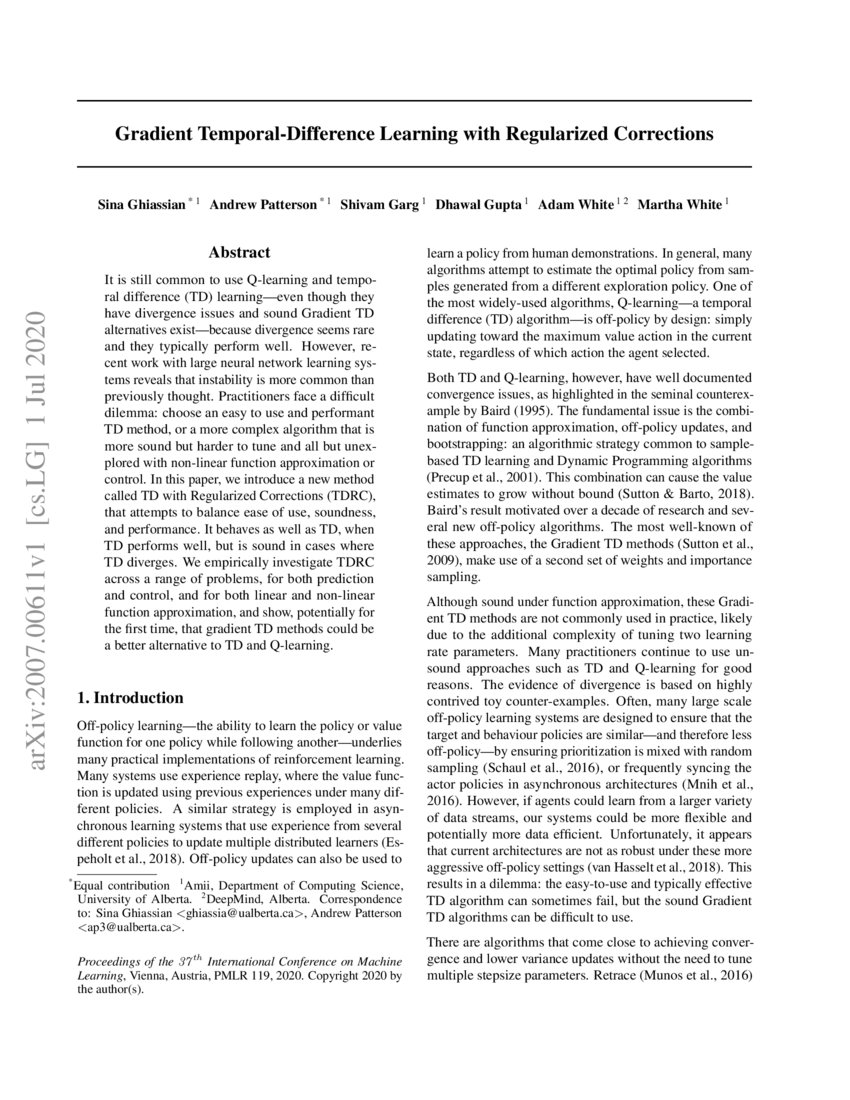 Gradient Temporal-Difference Learning with Regularized Corrections | DeepAI