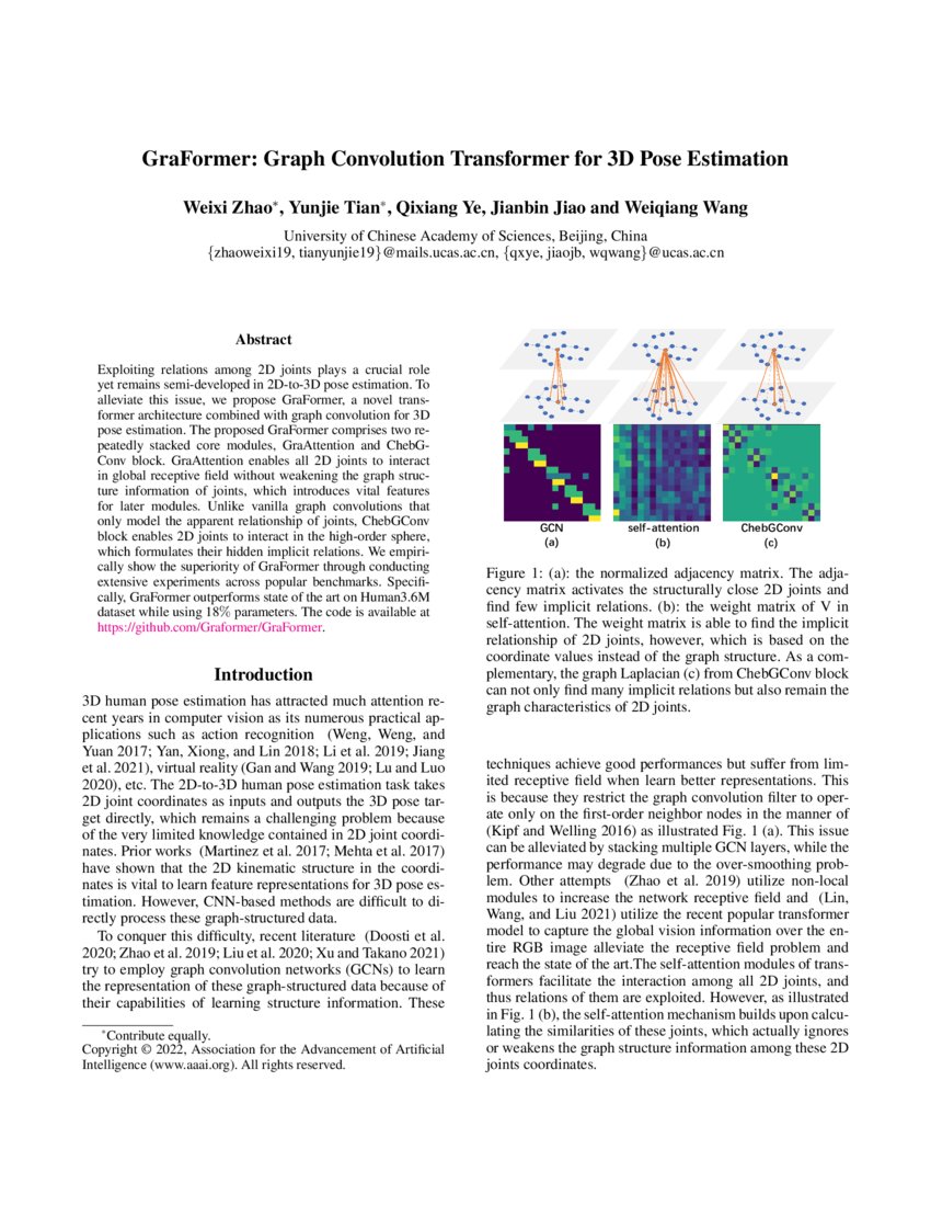 GraFormer: Graph Convolution Transformer for 3D Pose Estimation | DeepAI