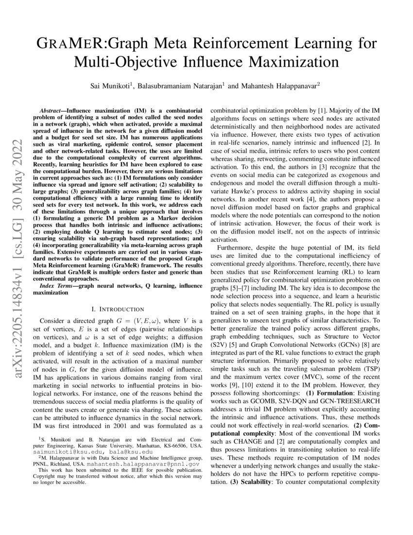 GraMeR: Graph Meta Reinforcement Learning for Multi-Objective Influence Maximization | DeepAI
