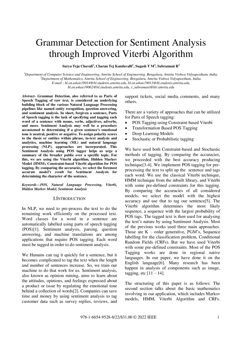 Grammar Detection For Sentiment Analysis Through Improved Viterbi Algorithm Deepai