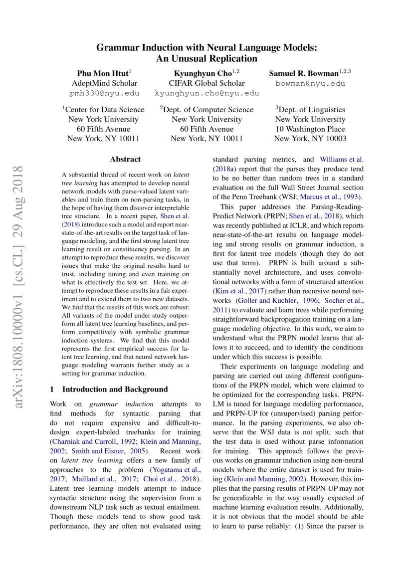 Grammar Induction With Neural Language Models An Unusual Replication
