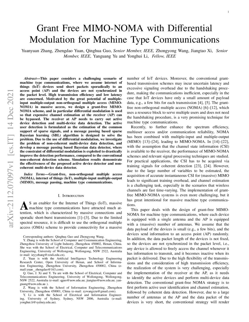 Grant Free MIMO-NOMA with Differential Modulation for Machine Type Communications | DeepAI