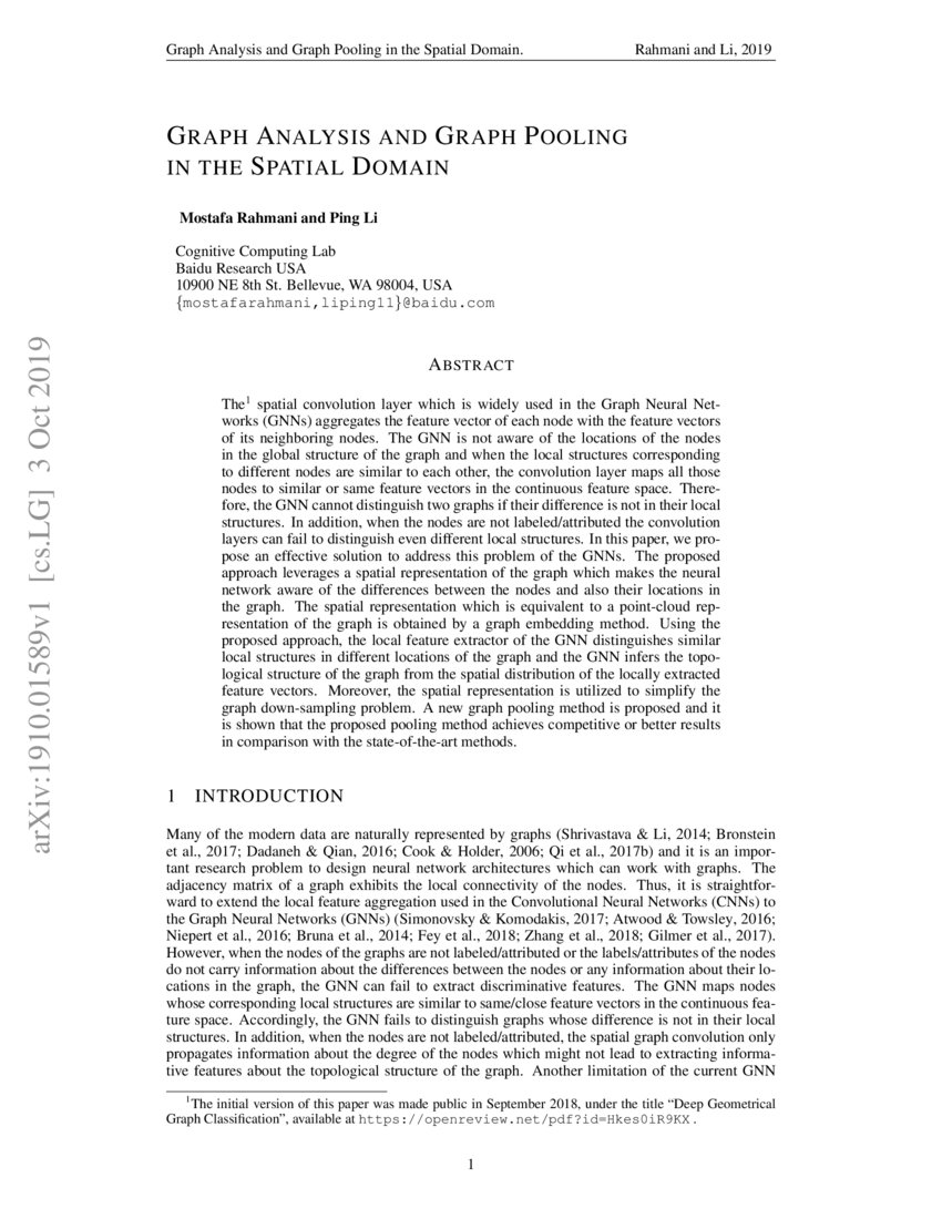 Graph Analysis and Graph Pooling in the Spatial Domain | DeepAI