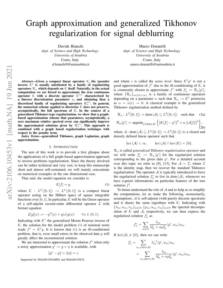 Graph approximation and generalized Tikhonov regularization for signal deblurring | DeepAI