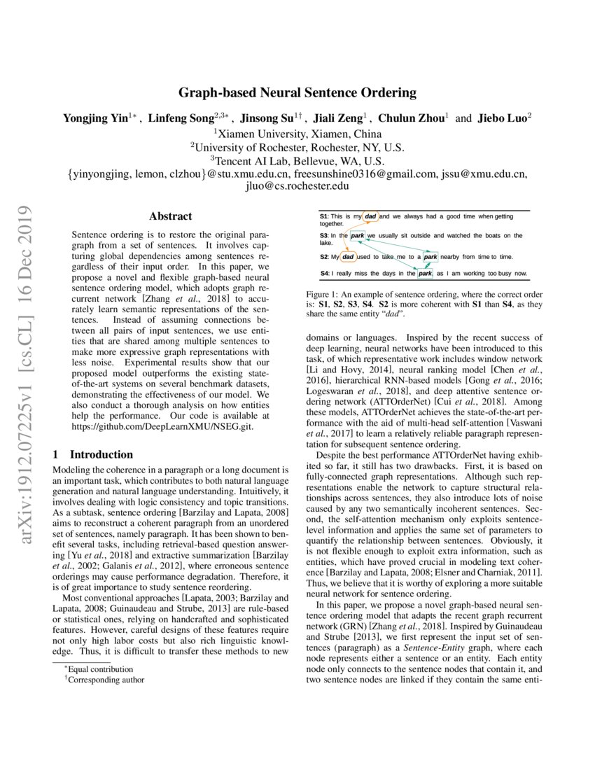 Graph-based Neural Sentence Ordering | DeepAI