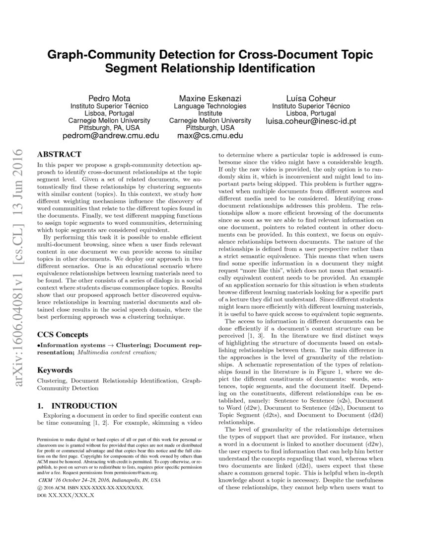 Graph Community Detection For Cross Document Topic Segment Relationship Identification Deepai