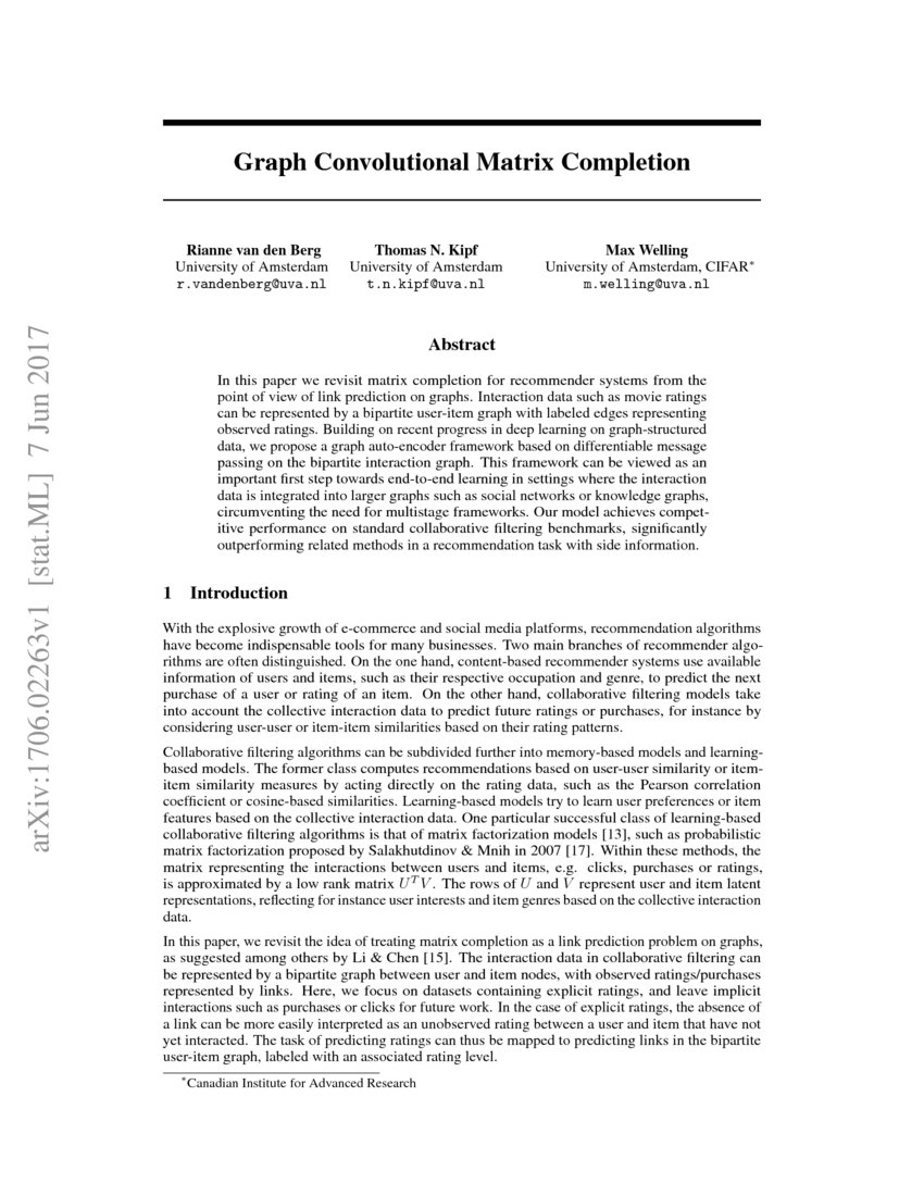 Graph Convolutional Matrix Completion | DeepAI
