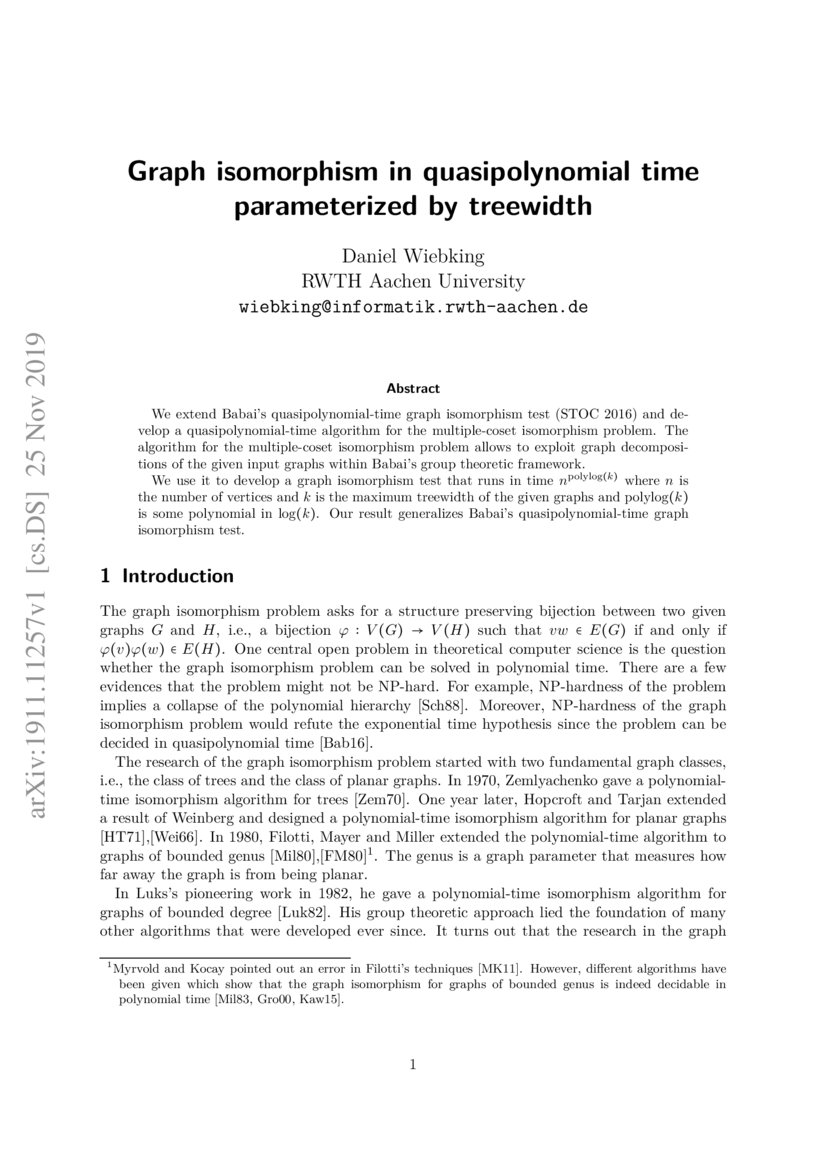 Graph Isomorphism In Quasipolynomial Time Parameterized By Treewidth Deepai 