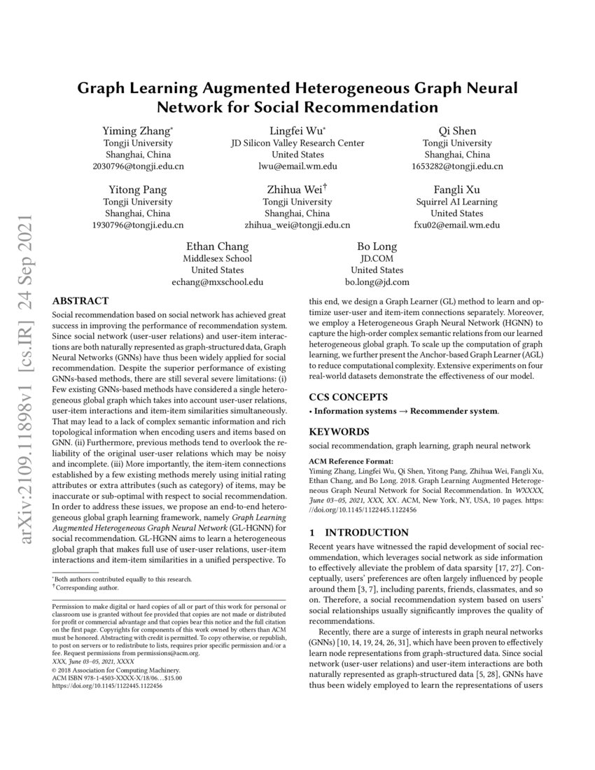 Graph Learning Augmented Heterogeneous Graph Neural Network For Social Recommendation Deepai