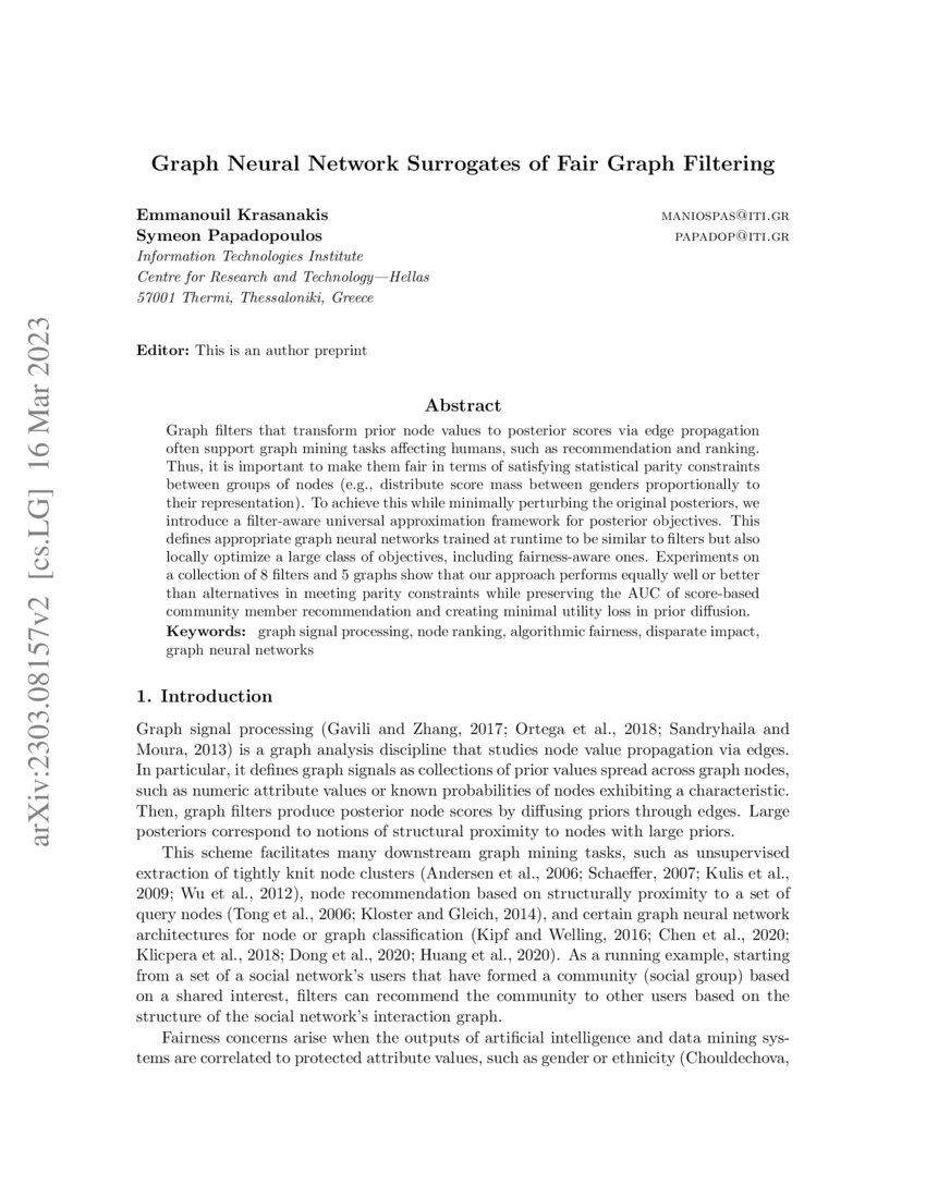 Graph Neural Network Surrogates of Fair Graph Filtering | DeepAI Graph Neural Network Surrogates of Fair Graph Filtering | DeepAI
