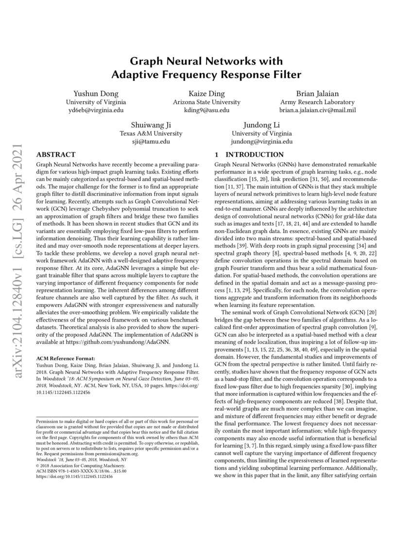 Graph Neural Networks With Adaptive Frequency Response Filter Deepai