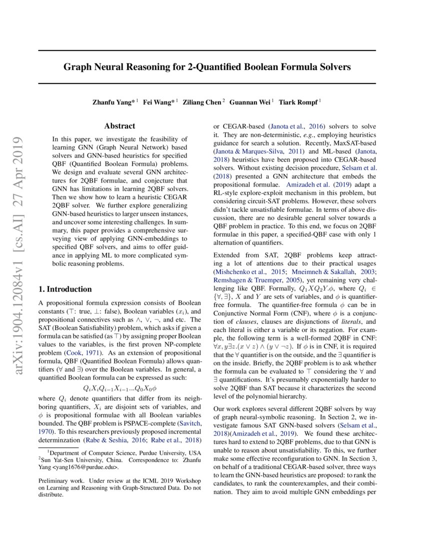 Graph Neural Reasoning for 2-Quantified Boolean Formula Solvers | DeepAI