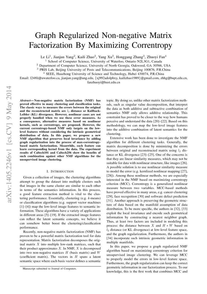 Graph Regularized Non-negative Matrix Factorization By Maximizing Correntropy | DeepAI