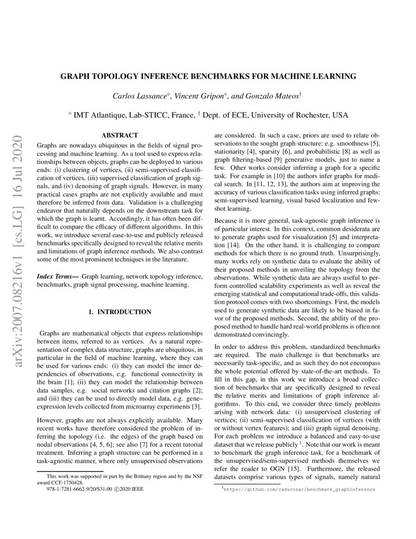 Graph topology inference benchmarks for machine learning | DeepAI