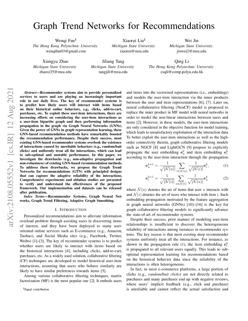 Graph Trend Networks for Recommendations | DeepAI