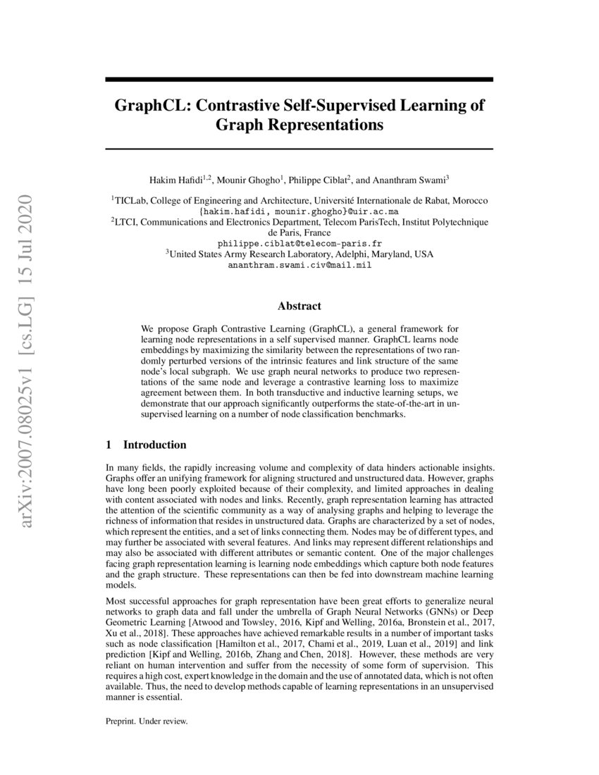 GraphCL: Contrastive Self-Supervised Learning of Graph Representations | DeepAI