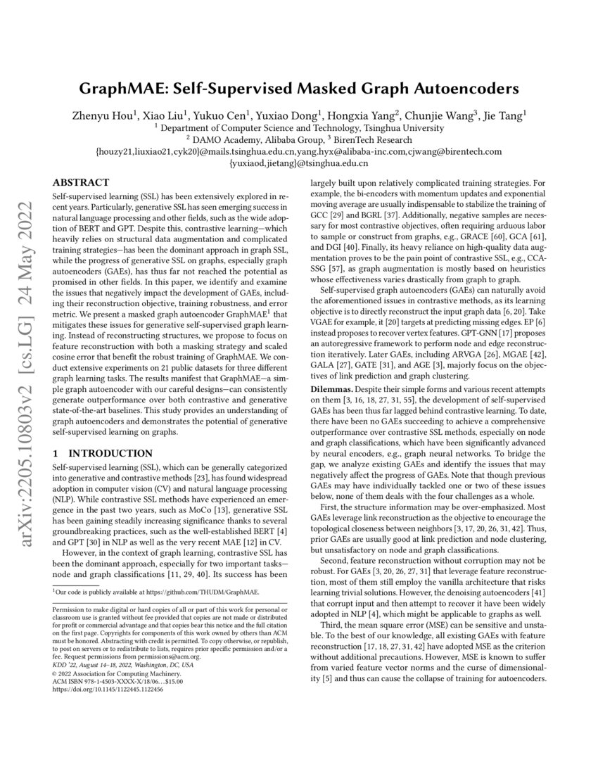 GraphMAE: Self-Supervised Masked Graph Autoencoders | DeepAI