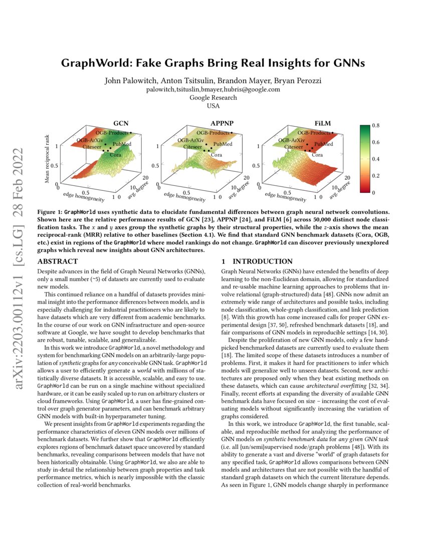 GraphWorld: Fake Graphs Bring Real Insights for GNNs | DeepAI
