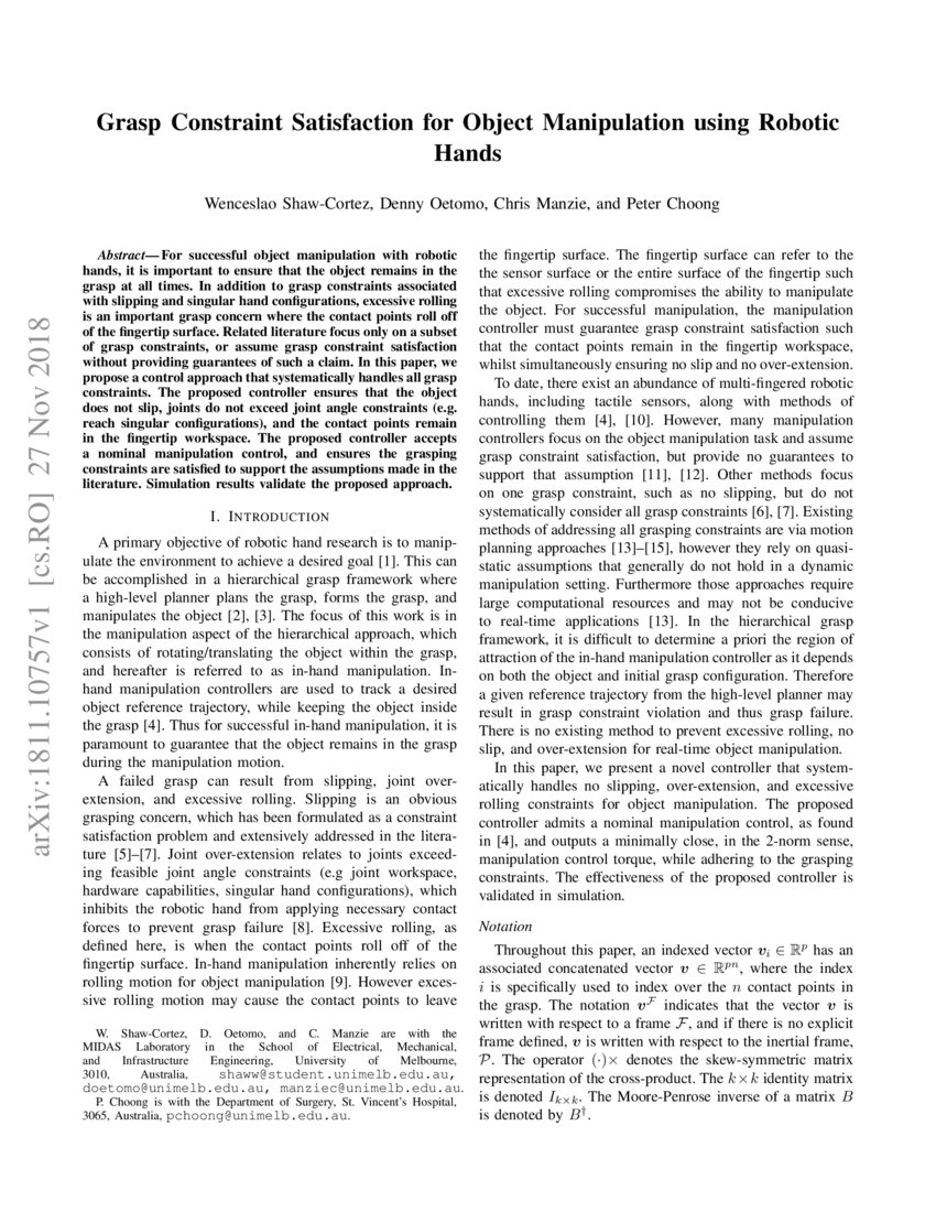 Grasp Constraint Satisfaction for Object Manipulation using Robotic Hands | DeepAI
