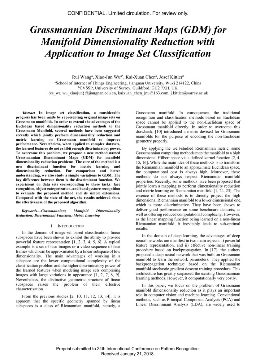 Grassmannian Discriminant Maps (GDM) for Manifold Dimensionality Reduction with Application to ...