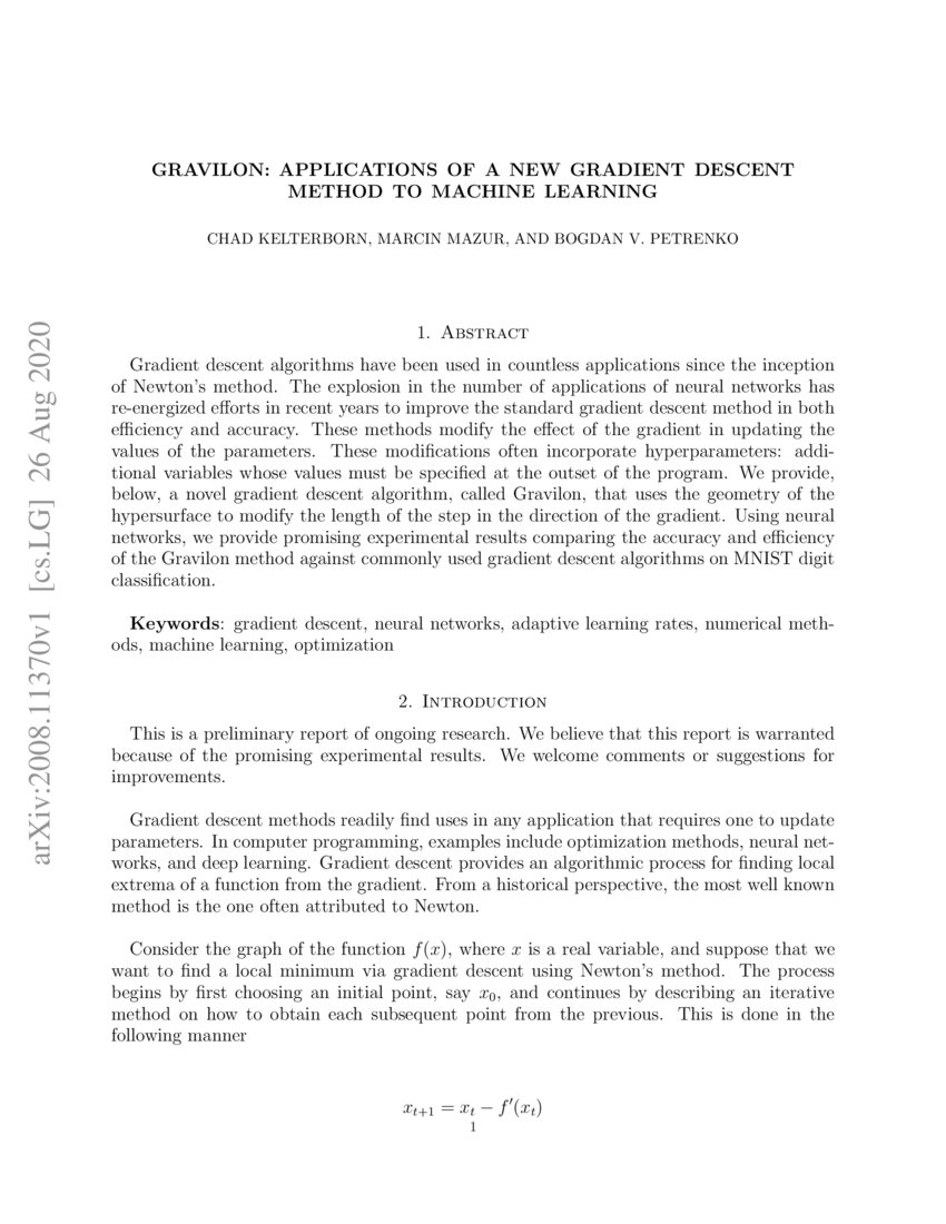 Gravilon: Applications of a New Gradient Descent Method to Machine ...