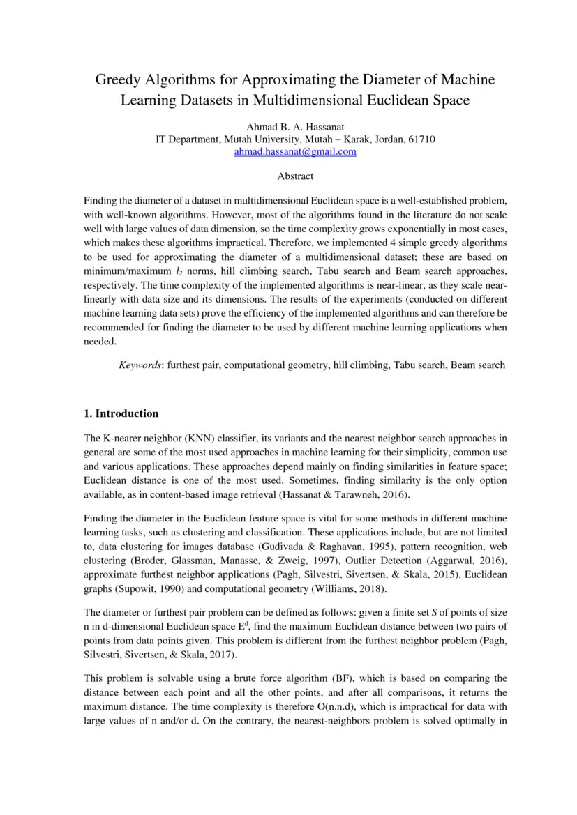 Greedy Algorithms for Approximating the Diameter of Machine Learning Datasets in ...