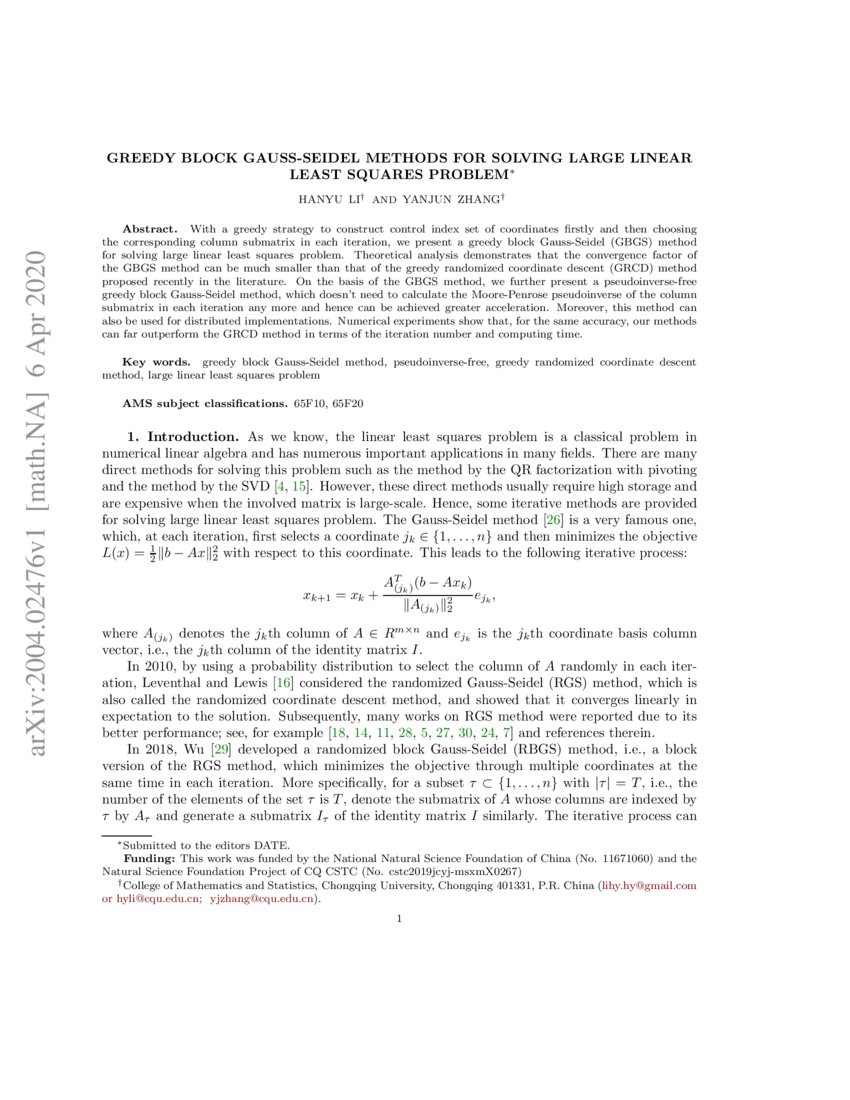 Greedy Block Gauss-Seidel Methods for Solving Large Linear Least Squares Problem | DeepAI