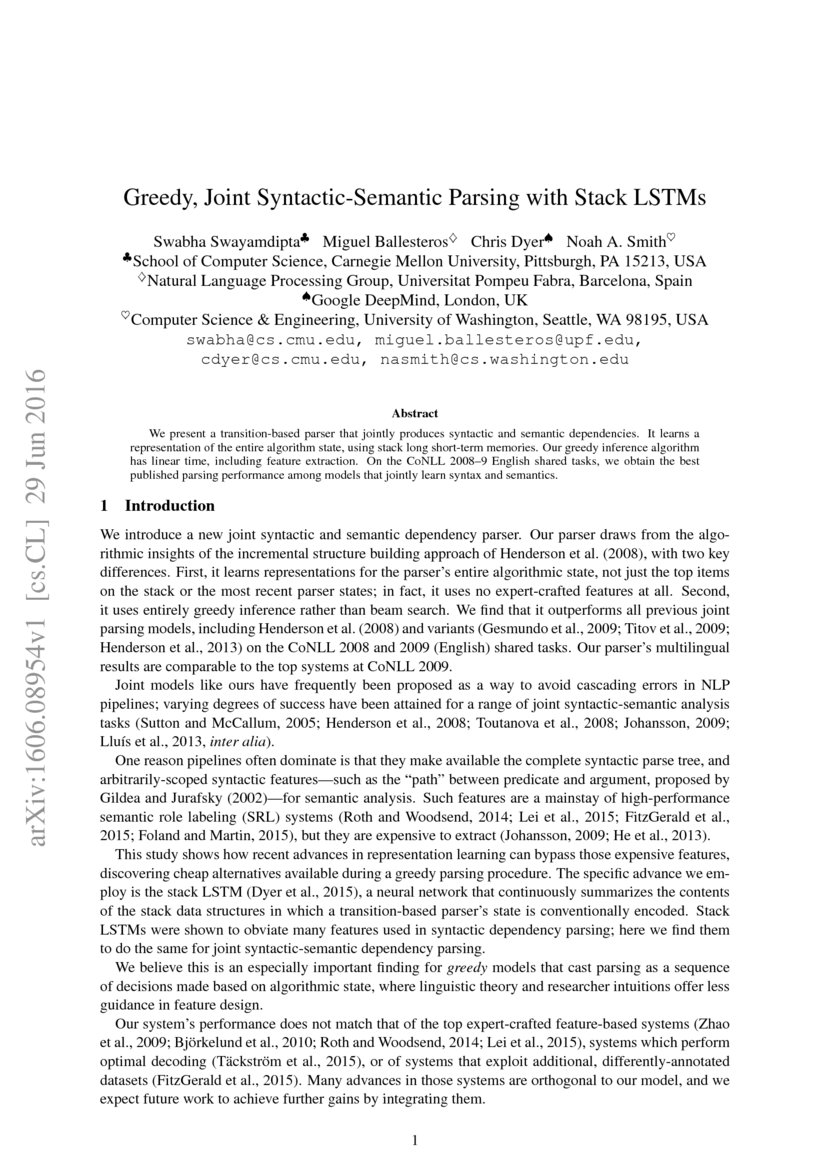 Greedy Joint Syntactic Semantic Parsing With Stack Lstms Deepai