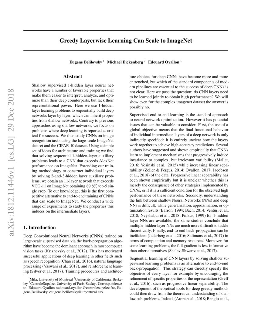 Greedy Layerwise Learning Can Scale to ImageNet | DeepAI