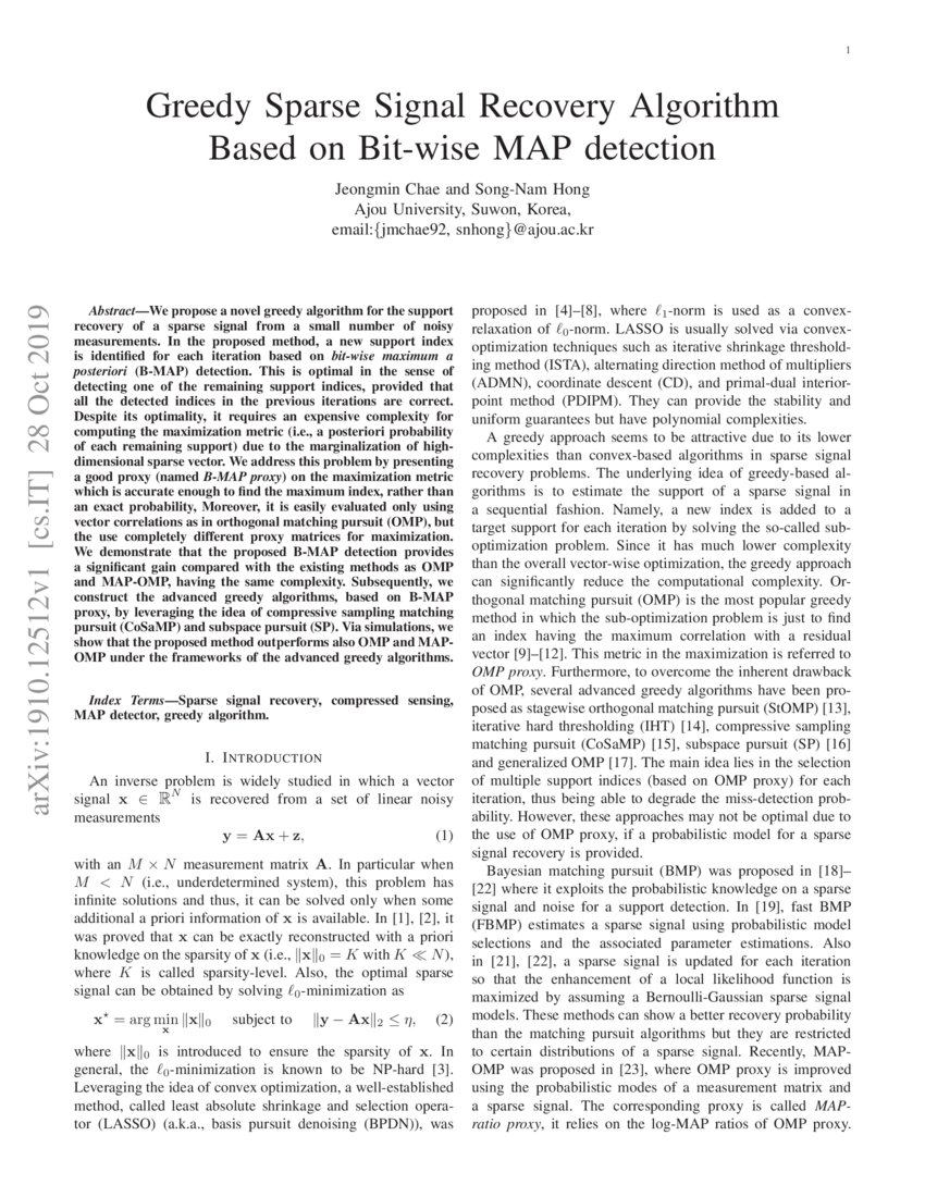 Greedy Sparse Signal Recovery Algorithm Based On Bit Wise Map Detection Deepai 