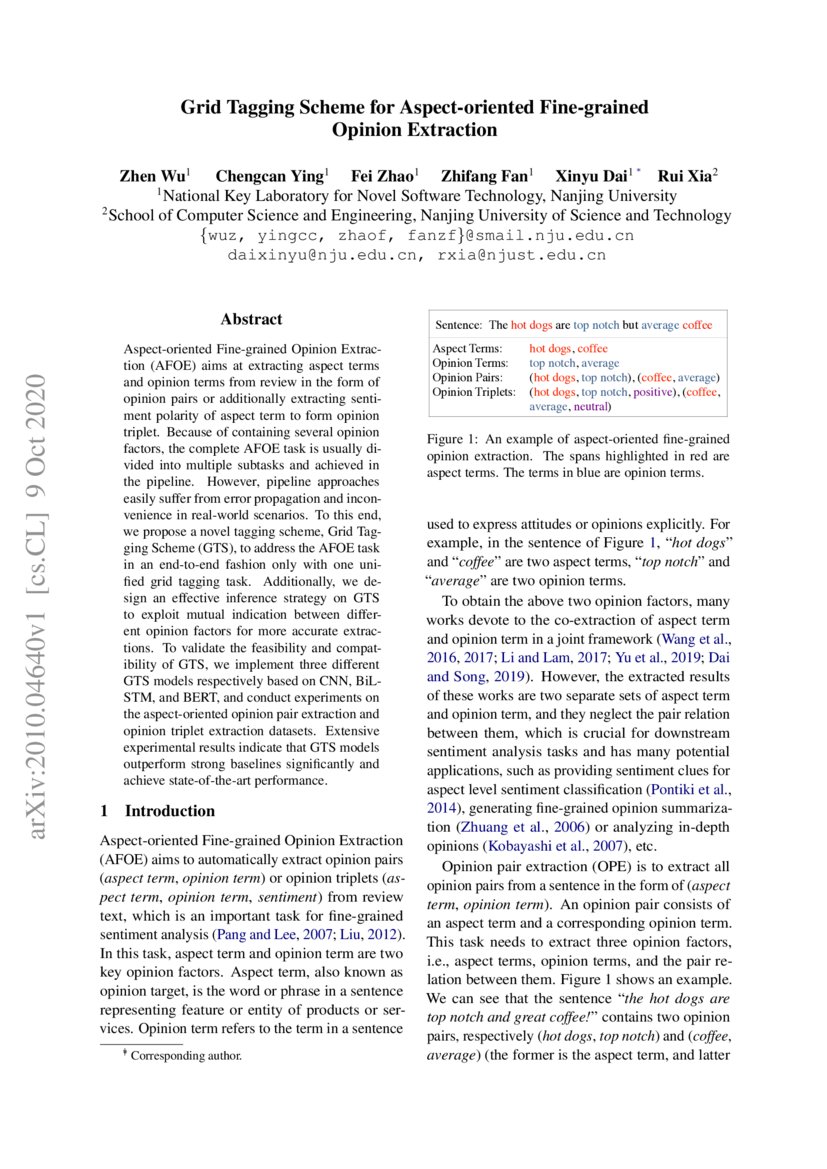 Grid Tagging Scheme For Aspect Oriented Fine Grained Opinion Extraction Deepai