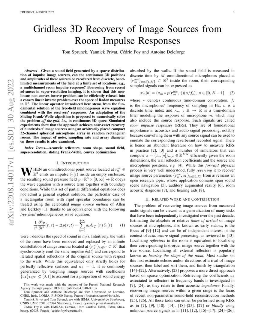 Gridless 3D Recovery of Image Sources from Room Impulse Responses | DeepAI