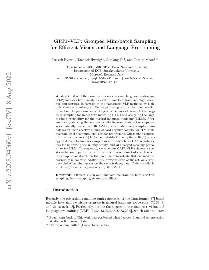 GRIT-VLP: Grouped Mini-batch Sampling for Efficient Vision and Language ...