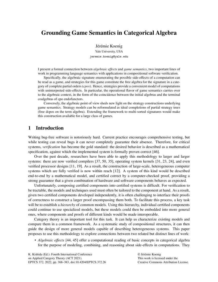 Grounding Game Semantics In Categorical Algebra Deepai