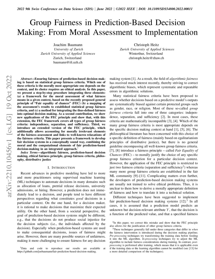 Group Fairness in Prediction-Based Decision Making: From Moral Assessment to Implementation | DeepAI
