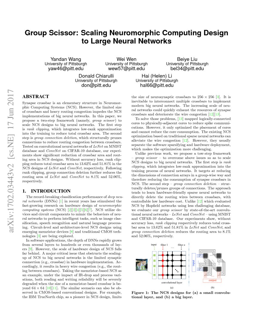 Group Scissor: Scaling Neuromorphic Computing Design to Large Neural Networks | DeepAI
