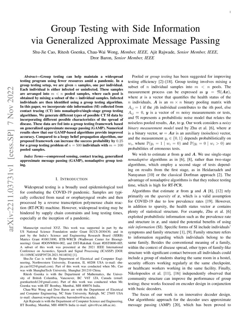 Group Testing With Side Information Via Generalized Approximate Message Passing Deepai